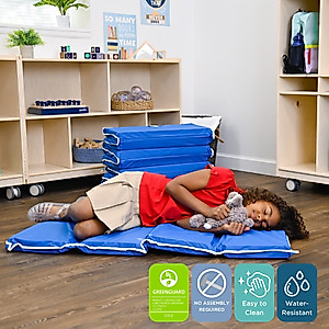 Children’s Factory 2 Inch Thick Folding Rest Mats for Preschool, 4-Section Nap Mats for Daycares, Nursery, Classroom, Blue, 5 Pack