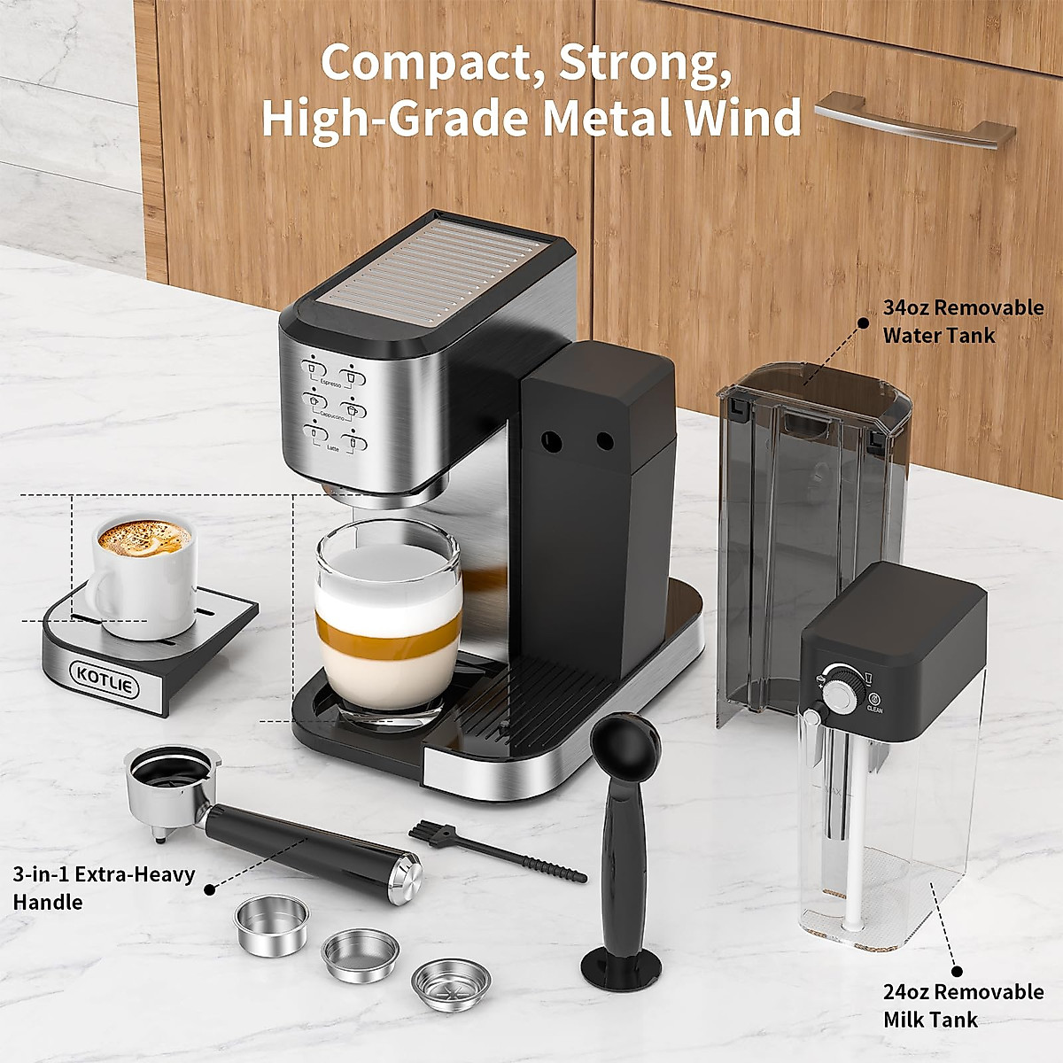 KOTLIE Espresso Coffee Machine with Milk Frother, One-Touch Automatic Coffee maker for Espresso/Cappuccino/Latte, ESE Pod Compatible, 20Bar Pump, Dual Heat System 1350W and 900W (120, Volts) (Metal)