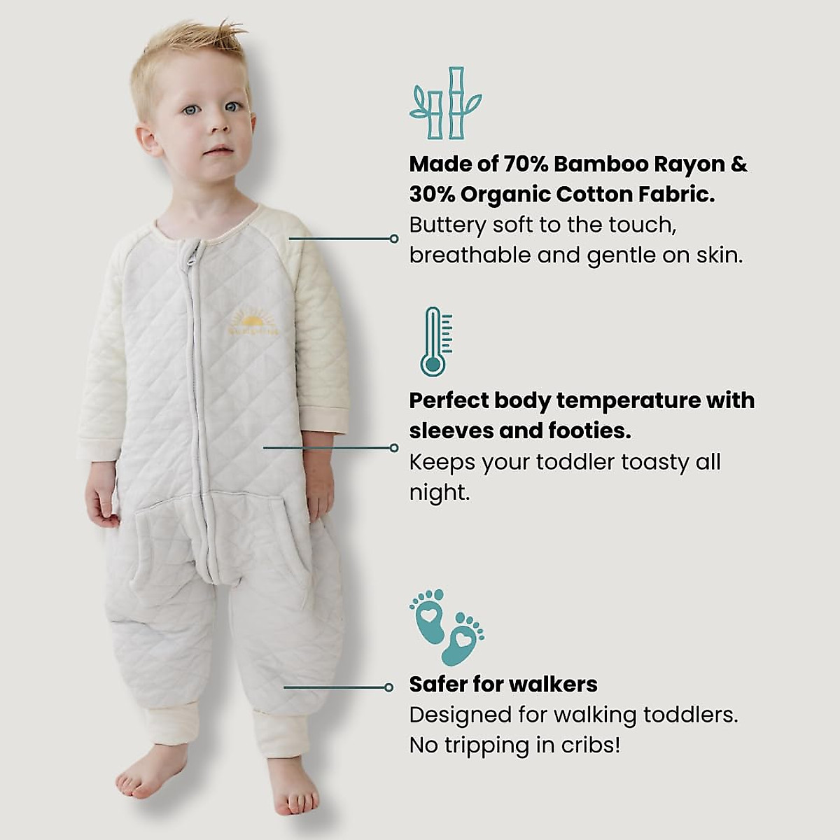 Tealbee Dreamsie: Toddler Sleep Sack with Long Sleeves and Footies 12m-2T - 1.2 TOG All Season Baby Wearable Blanket for Walkers - Rayon made from Bamboo, Organic Cotton Sleep Bag feet - Sunshine