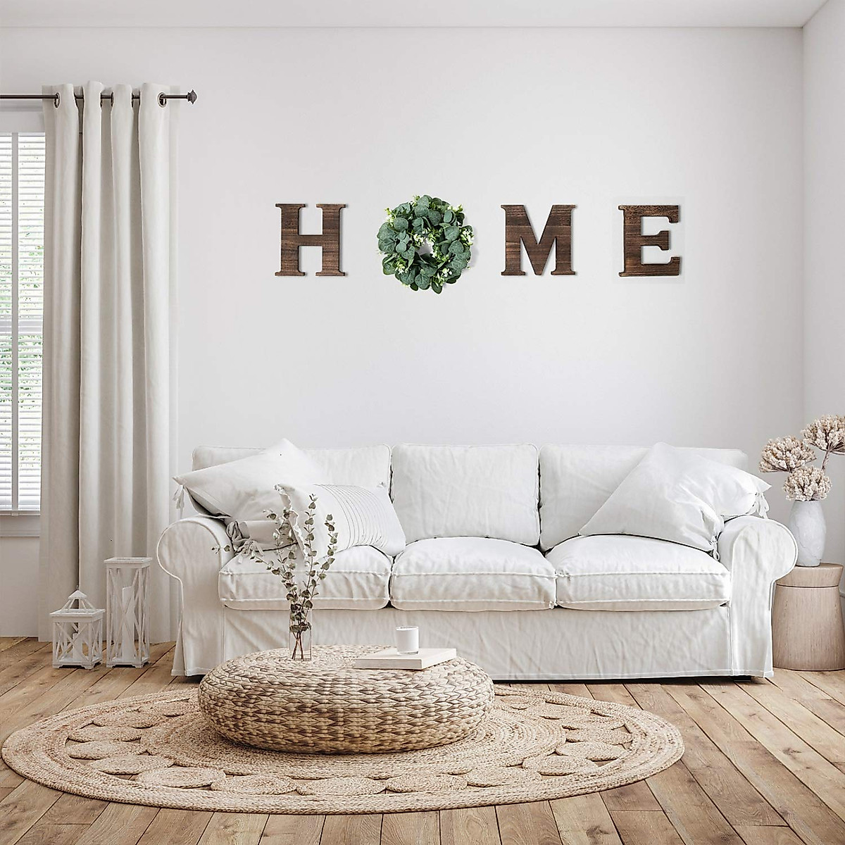 Yoleshy Wooden Home Sign with Artificial Eucalyptus Wreath for O, 9.8'' Home Letters With Wreath For Wall Hanging Decor, Rustic Wall Letters Decor For Living Room, Entry Way, Kitchen, Etc (Brown)