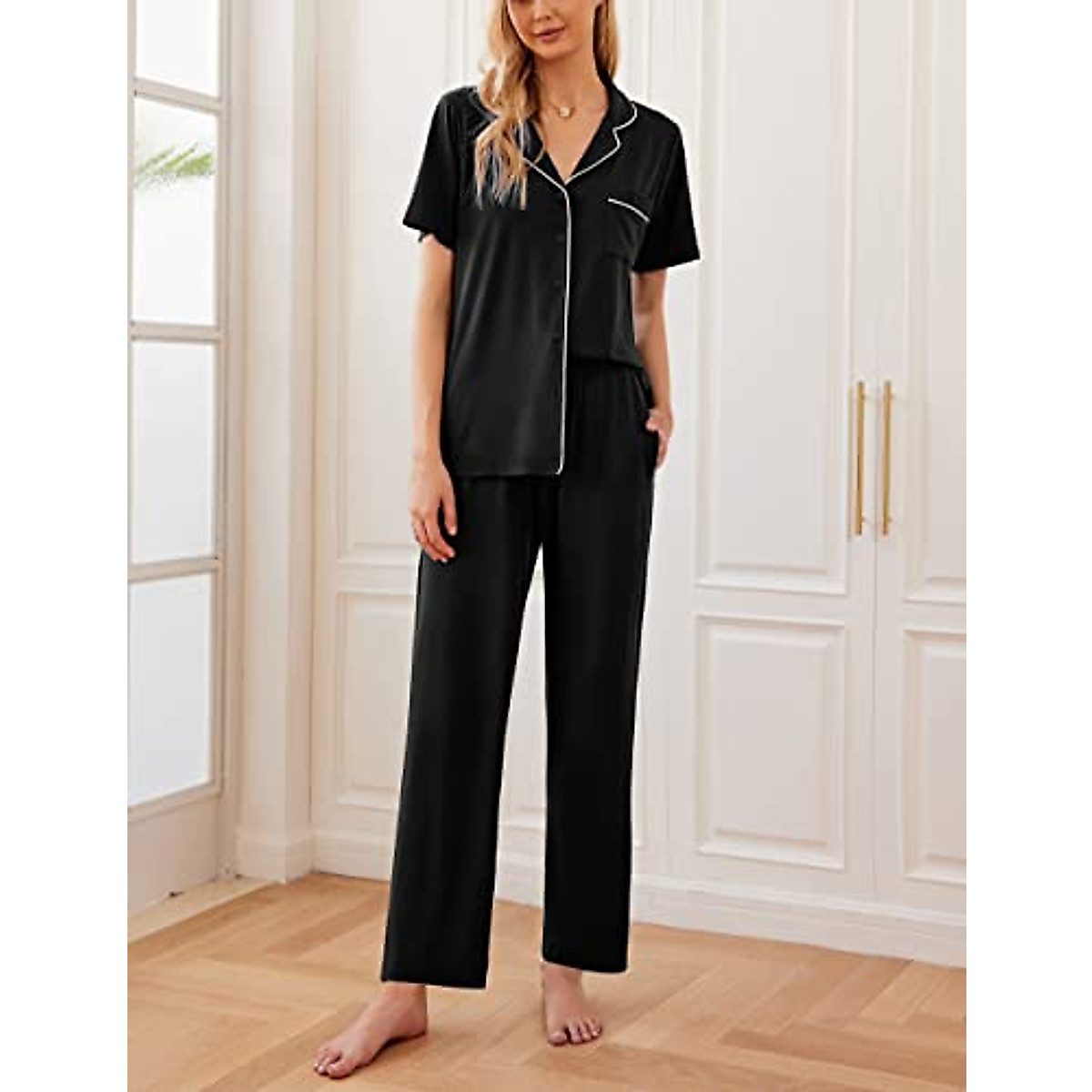 Ekouaer Womens 2-Piece Casual Button Down Nightwear Short Sleeve Pajama Set, Black, Medium