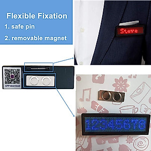 LED Name Tag, OUHL Upgraded Rechargeable LED Badge Scrolling Mini LED Display Cellphone Programmable Business Badges with Magnet/Pin (Red)