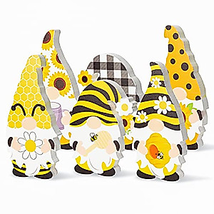 2ooya R HORSE 3Pcs Bee Sunflower Gnome Wooden Sign Honeybee Gnome Wooden Freestanding Table Decor Double Printed Gnome Tabletop Centerpiece Ornament Decoration for Summer Beach Home Office Party