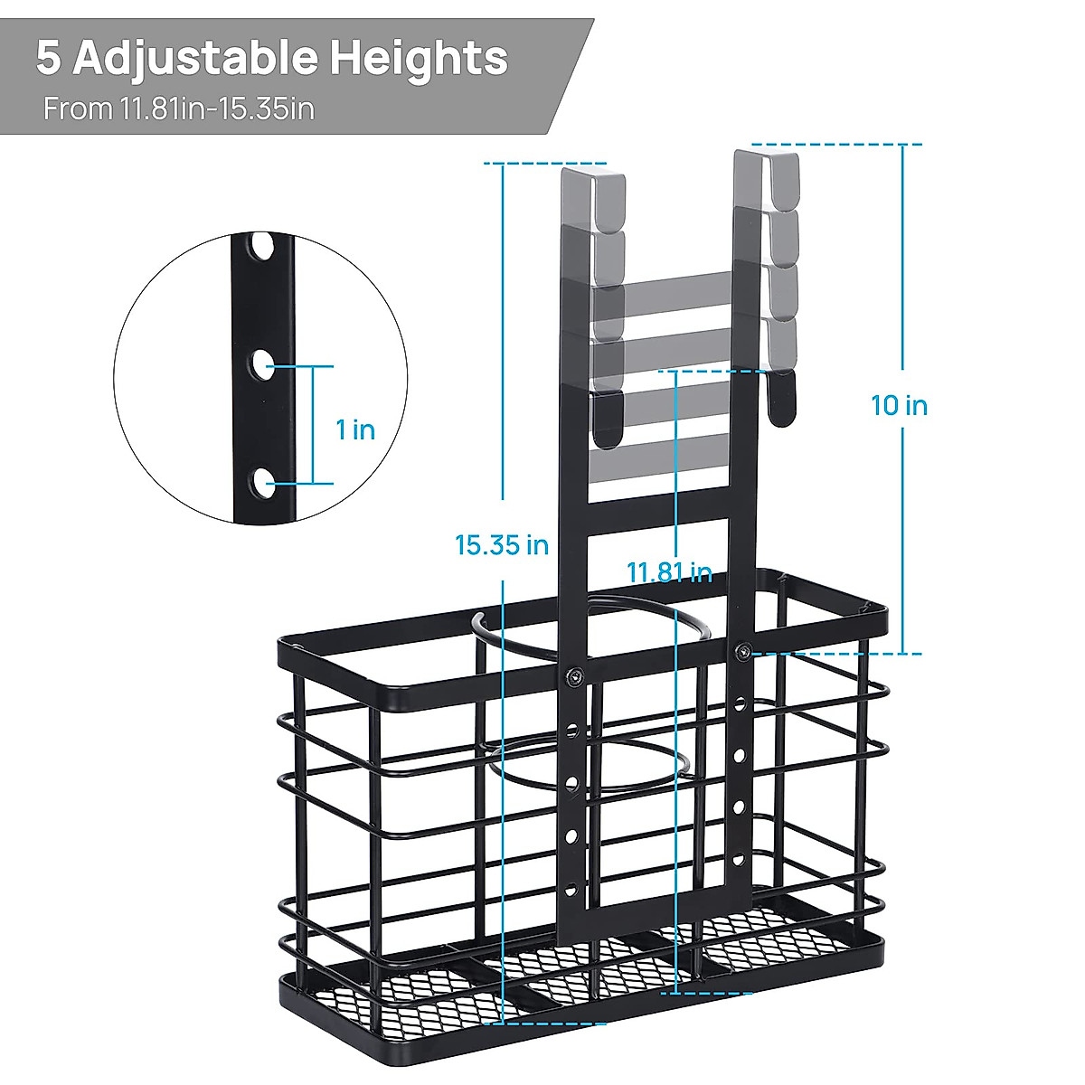 Wetheny Hair Tool Organizer - Hair Dryer Holder 5 Adjustable Height,Bathroom Organizer Cabinet Door/Wall Mounted for Hair Dryer,Curling Iron,Hair Straightener,Brush（Black）