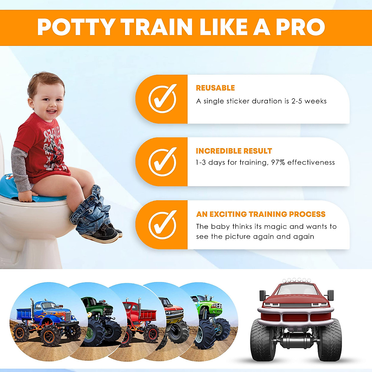 Potty Training Seat Magic Sticker |Monster Truck Toddler Potty Training Toilet Color Changing Sticker | 5Pack Toilet Targets with Free Potty ebook | Use with or Without Potty Chart or Potty Watch
