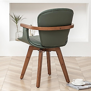 LUNLING Swivel Dining Chairs Set of 2, Mid Century Modern Green Faux Leather Kitchen Chairs with Arms,Bamboo Legs Side Chairs No Wheels,Accent Chair for Dining Rooms and Offices
