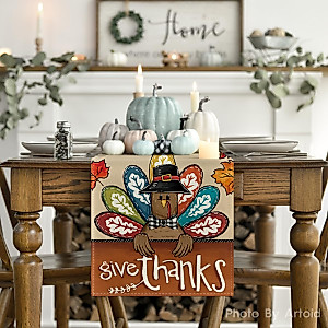 Artoid Mode Turkey Give Thanks Thanksgiving Table Runner, Seasonal Fall Autumn Kitchen Dining Table Decoration for Home Party Decor 13x72 Inch
