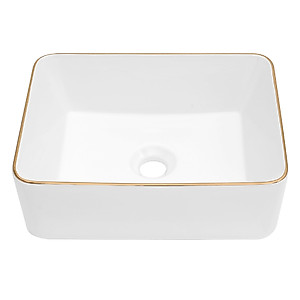 Dcolora Vessel Sink Rectangular 16"x12" White Vessel Sink with Gold Rim Ceramic Porcelain Rectangle Bathroom Sink Above Counter Vanity Sink Basin