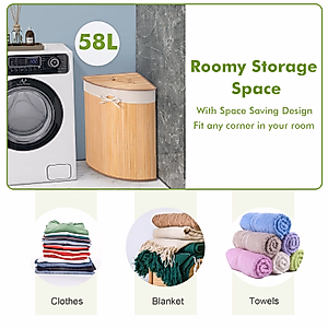 Giantex Corner Laundry Hamper with Lid, 58 L Bamboo Laundry Basket with Removable Liner & Handle, Triangle Clothes Hamper for Small Spaces, Bedroom, Bathroom, Laundry & Living Room (Natural)