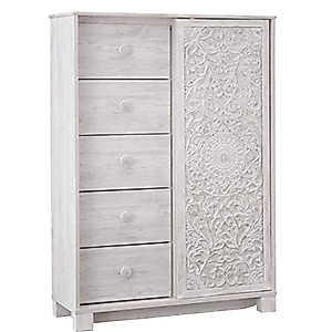 Signature Design by Ashley Paxberry Boho 5 Drawer Dressing Chest with Slider Door & 3 Adjustable Shelves, Whitewash