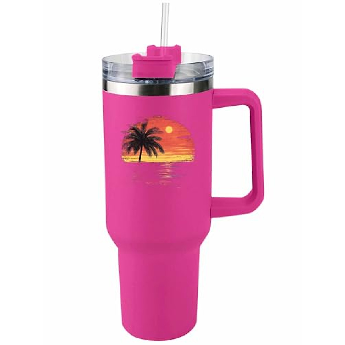 40 ounce insulated cup with handle, double-layer vacuum stainless steel material, equipped with straw, can keep warm or maintain cold drinks Dusk Sunset Palm Trees Sunset Bright pink
