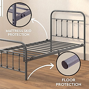 AMBEE21 CastleBeds Vintage Twin Size Silver Iron Bed Frame with Headboard Footboard Wrought Rod Art Heavy Duty Steel Metal Platform Foundation Farmhouse Industrial Victorian Style 600 lbs Capacity