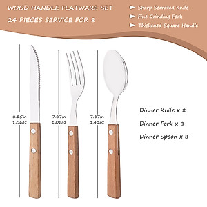 Reusable Wood Handle Flatware Set for 8 - Uniturcky 304 Stainless Steel Silverware Set Includes 8 Each Forks Spoons and Knives - Eating Utensils Cutlery Set for Home Restaurant (24PCS, Log)