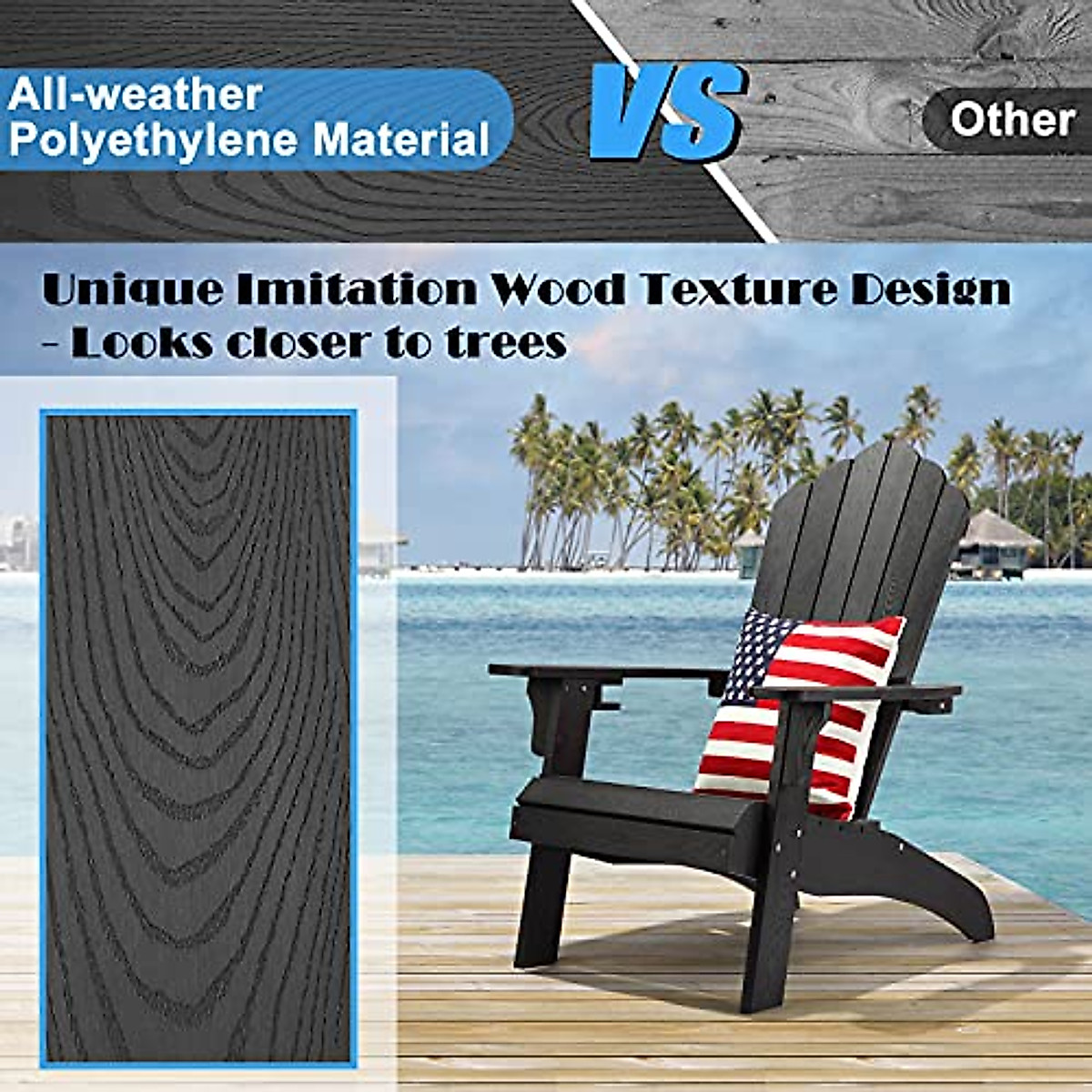 hOmeHua Oversized Adirondack Chair Set of 4, Adirondack Chair Weather Resistant with Cup Holder, Imitation Wood Stripes, Easy to Assemble, Outdoor Chair for Patio, Deck, Fire Pit & Lawn Porch - Black