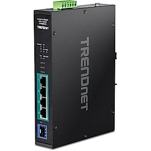 TRENDnet 5-Port Industrial Gigabit PoE+ Switch, Wide Temperature Range -20° – 65°C (-4° – 149°F), DIN-Rail Switch, 50-55V DC, 4 x Gigabit PoE+ Ports, 1 x Gigabit SFP Slot, TI-PGM541, Black