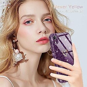 Qviskteme for iPhone XR Case Cute,Clear Glitter with [1 x Tempered Glass Screen Protector] Sparkly Bling Shockproof Bumper Protective Soft Silicone Phone Cover Case for Women Girls(Dark Purple)