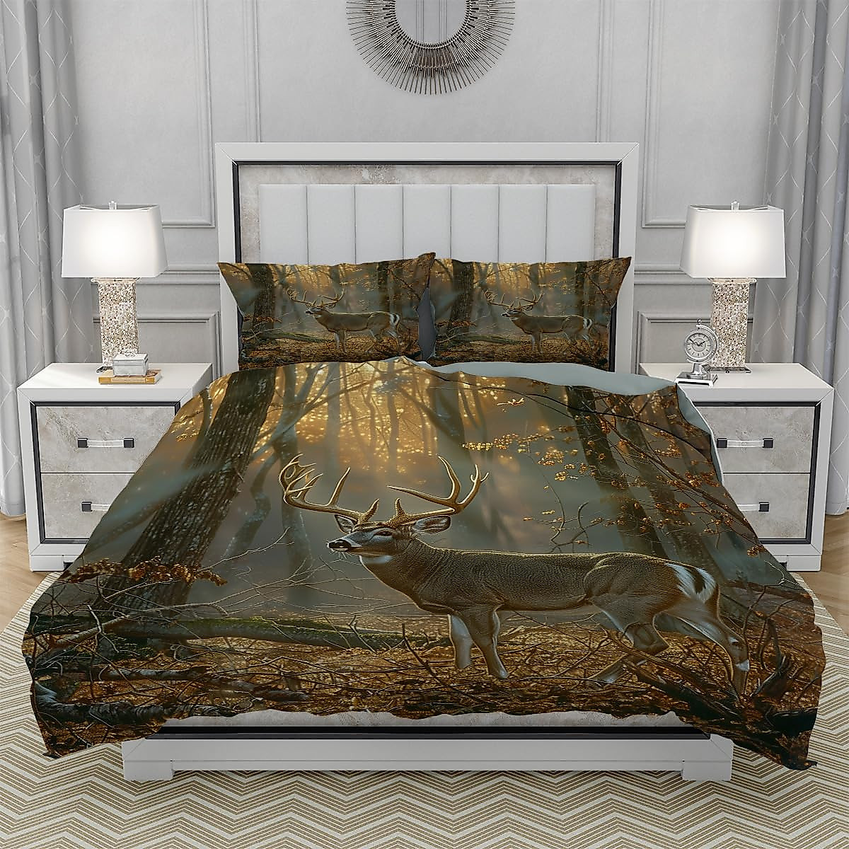Whitetail Deer Duvet Cover Set King Size, Hunting Wildlife Autumn Nature Forest Bedding Set 3 Pieces Soft Microfiber Quilt Cover for Kids Boys Teens Bedroom Decor, Comforter Cover with 2 Pillowcase