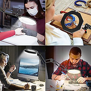 Magnifying Glass with Light and Stand, 3 Color Modes Stepless Dimmable, 5-Diopter Glass Lens, Adjustable Swivel Arm, LED Magnifier Desk Lamp for Close Work, Repair, Crafts, Painting Miniatures (16")