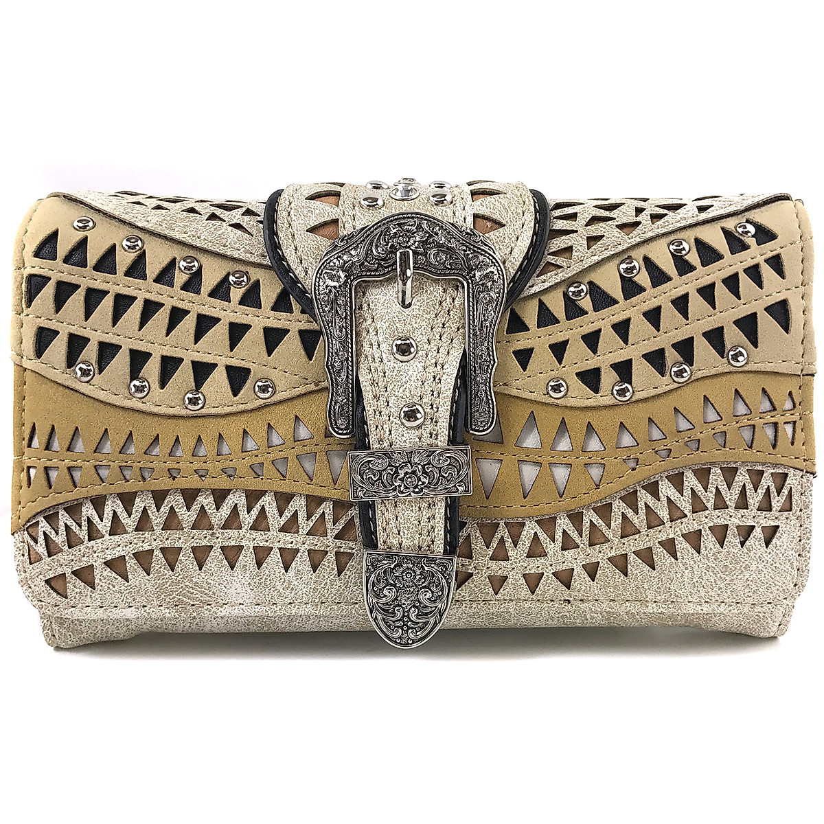 Justin West Studs Laser Cut Triangle Western Rhinestone Buckle Handbag Purse Conceal Carry (Beige Wallet Only)