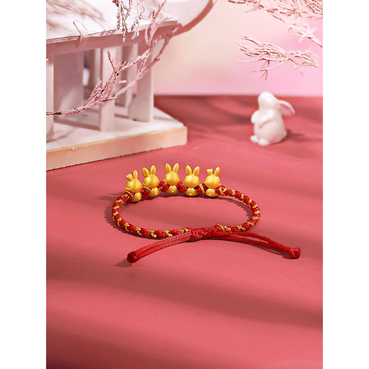 ZHOU LIU FU Real Gold Charm Bracelets for Women, Adjustable 5 Lucky Rabbit 24K Solid Gold Jewelry Braided Red Bracelet, Fortune Rabbit Charm Bracelets Lucky Bunny Pure Gold Bangle Bracelets