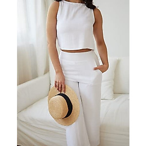 Meyhad Womens Cotton Linen 2 Piece Outfits Crop Tank Tops Wide Leg Pants Set Casual Lounge Sets(0350-White-XL)