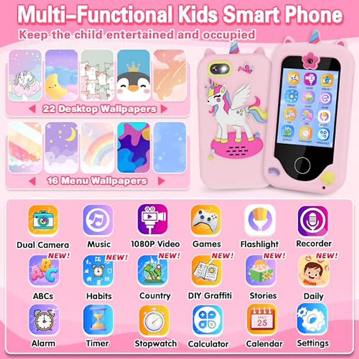 Kids Smart Phone for Girls Gifts for Girls Age 6-8 Kids Phone with Camera Games Music Torch Habit Alarm Stories Learning Girls Toys for 3 4 5 6 7 8 Year Old Birthday Gift Ideas with 8G SD Card