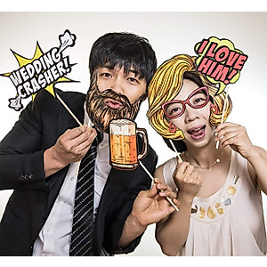 Wedding Photo Booth Props Kit - 38 Pieces with Wooden Sticks - Engagement, Birthday Party, Wedding Shower, Bridal Shower Photo Booth Props - Carpediem Party Prop Essential Vol.1