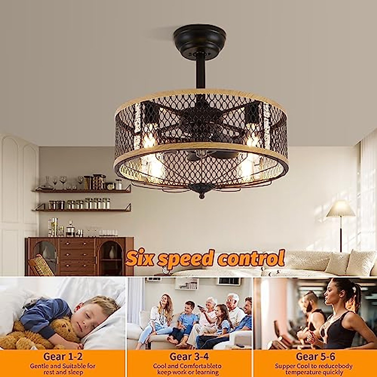 Ceiling Fans with Lights and Remote - Low Profile Ceiling Fan 20 inch - Powerful Bedroom Ceiling Fan with 7 Blades - Adjustable, Noiseless - Safe Indoor, Outdoor Caged Ceiling Fan with Light