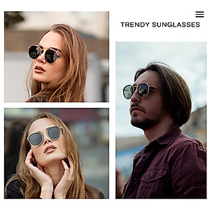 JIM HALO Small Polarized Round Sunglasses for Women Vintage Double Bridge Frame (Gold Frame/Polarized Green Lens)