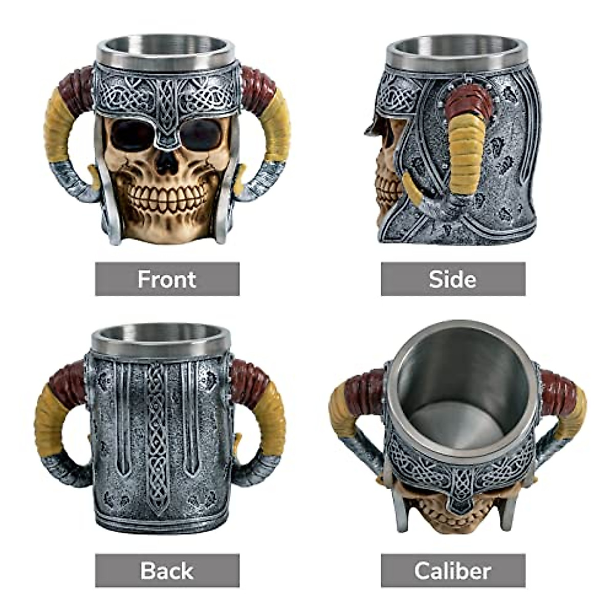 CHICVITA Stainless Steel Viking Mug, Skull Coffee Mug, Double Handles Viking Beer Cup, Cool Tea Cups For Men, Dad Coffee Mug Gift, 6.8 x 5 x 3.1 inches