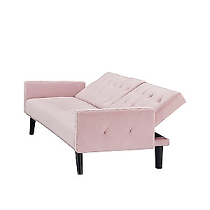 WINWOL Convertible Sofa Bed Products Faux Leather Upholstered Modern Convertible Folding Futon Sofa Bed Foldable Sofa Bed Metal Legs, 2 Cupholders (Pink)