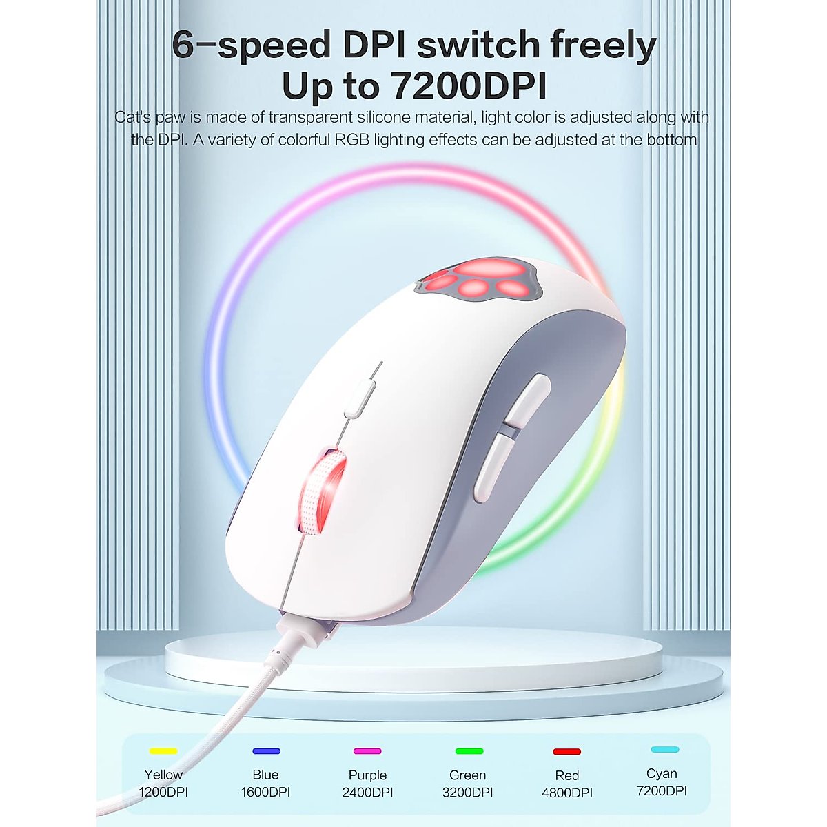 PHNIXGAM Cat Paw RGB Gaming Mouse, Silent Optical Computer Mice USB Wired with 6 Adjustable DPI Up to 7200, RGB Lighting, 6 Programmable Buttons for Windows/Vista/Linux (White)