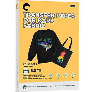 Hiipoo Heat Transfer Paper for T Shirts 25 Sheets, 8.5"x11" Printable Heat Transfer Vinyl for Inkjet Printer Iron on Transfers for Dark Fabric