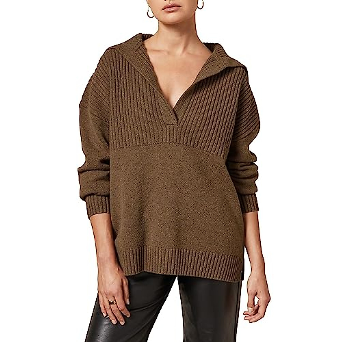Women's 2023 Fall Casual Oversized Pullover Sweaters Lapel Collar V Neck Long Sleeve Ribbed Knit Jumper Tops Brown M