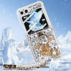 Leiju Case for Samsung Galaxy Z Flip 5 Cute Case with Strap Hinge Protection,3D Handmade Sparkle Stunning Stones Crystal Diamond Bling Glitter Phone Case with Screen Protector