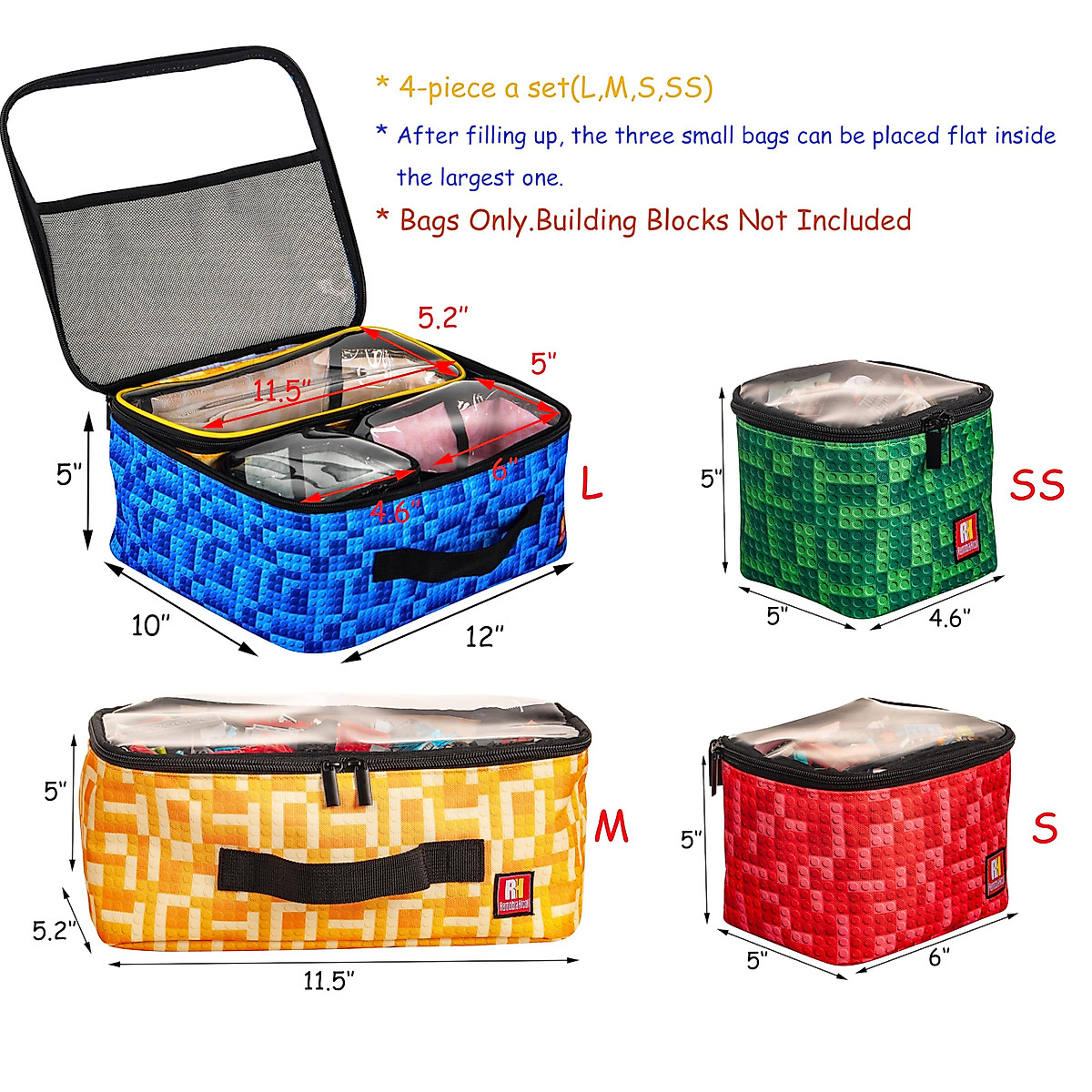 Remobia Hicol 4-piece Kids Toy Storage Organizer Set Bag for Lego Building Bricks with See Through Clear TPU Top, Small Toy Packing Cube Bags, Clean Up Container case (grid pattern)