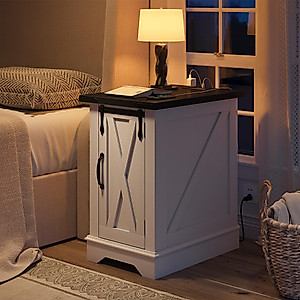 EnHomee Nightstand Set of 2,Nightstand with Charging Station,Farmhouse End Tables with Barn Door & Adjustable Storage Shelf,Nightstand Sets Sofa Side Table for Bedroom,Drawing Room,Antique White