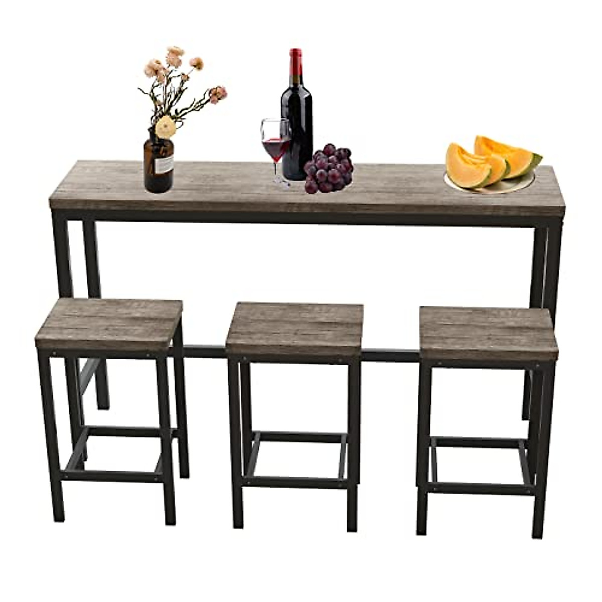 4-Piece Pub Table Set, Counter Height Extra Long Dining Table Set with 3 Stools, Pub Kitchen Set Side Table with Footrest, Wood Pub Bar Table Set Perfect for Breakfast Nook (Brown Gray, 1+3)