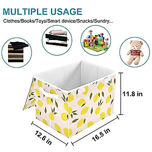 CaTaKu Lemon Leaves Storage Bins with Lids Fabric Large Storage Container Cube Basket with Handle Decorative Storage Boxes for Organizing Clothes Shelves