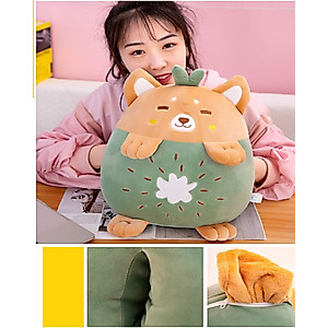 YUDONG 15" Kids Stuffed Animals Travel Blanket and Pillow Set,Cute Dog Plush Pillow with Hand Warmer Design,Perfect for Travel, Camping, Home and Office.