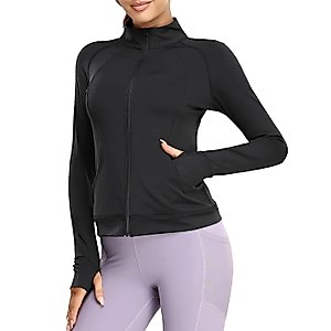 Locachy Women's Slim Fit Stretchy Athletic Workout Lightweight Full Zip Sports Jacket with Pockets Black S