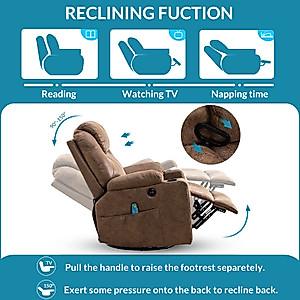 OUINCH Manual 360 Degree Swivel Glider Rocker Recliner Chair with Massage and Heat, 2 USB Ports, 2 Front Pockets, 2 Side Pockets and 2 Cup Holders, Bronze Suede Fabric (Brown)