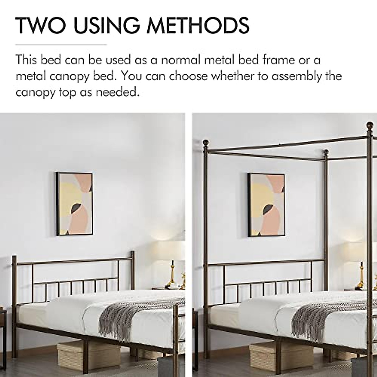 Topeakmart Bronze Four-Poster Canopy Metal Bed Frame with Headboard and Footboard Sturdy Slatted Structure No Box Spring Needed Queen Size