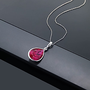 Gem Stone King 9.62 Cttw Red Created Ruby Pendant Necklace For Women In 925 Sterling Silver | Pear Shape 16X12MM | With 18 Inch Silver Chain