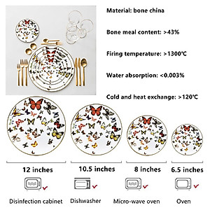 Bone China Plate, Nordic Style 6.5" Butterfly Gold Edge Plate Dessert Plate Ceramic Plate, Household Cutlery Set, Microwave Oven Dishwasher Safe (Size : Set of 4)