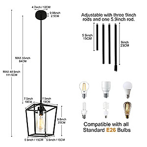 GZJunYo 1-Light Black Pendant Light Fixture Farmhouse Iron Cage Metal Pendant Light Lantern Hanging Light Fixtures with Clear Glass Shade for Kitchen Island, Entryway, Dining Room, Hallway
