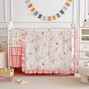 Cotton Ruffle Crib Bedding Set 3 pc Flowers Quilted Comforter with Fitted Sheet and Bed Skirt - Light Pink Flowers and Green Spray - Cute Ruffled Shabby Chic Floral Crib Set Soft Blanket for Girls