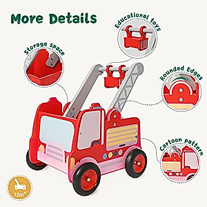 Red Fire Truck Wooden Baby Push Walker - 2-in-1 Toddler Push & Pull Toys Learning Walker Stroller Walker with Wheels for Baby Girls Boys 1-3 Years Old