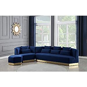 Meridian Furniture Marquis Collection Modern | Contemporary Velvet Upholstered Sofa with Stainless Steel Base in a Rich Gold Finish, 93" W x 38" D x 29" H, Navy