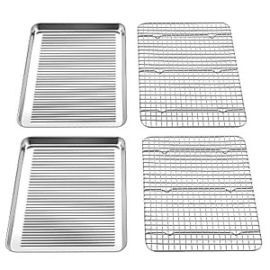 TeamFar Baking Sheet and Cooling Rack Set, 16 x 12 x 1 inch Stainless Steel Baking Pan Cookie Sheet with Grid Rack for Kitchen Cooking Roasting, Healthy & Non-toxic, Dishwasher Safe (2 Pans+2 Racks)